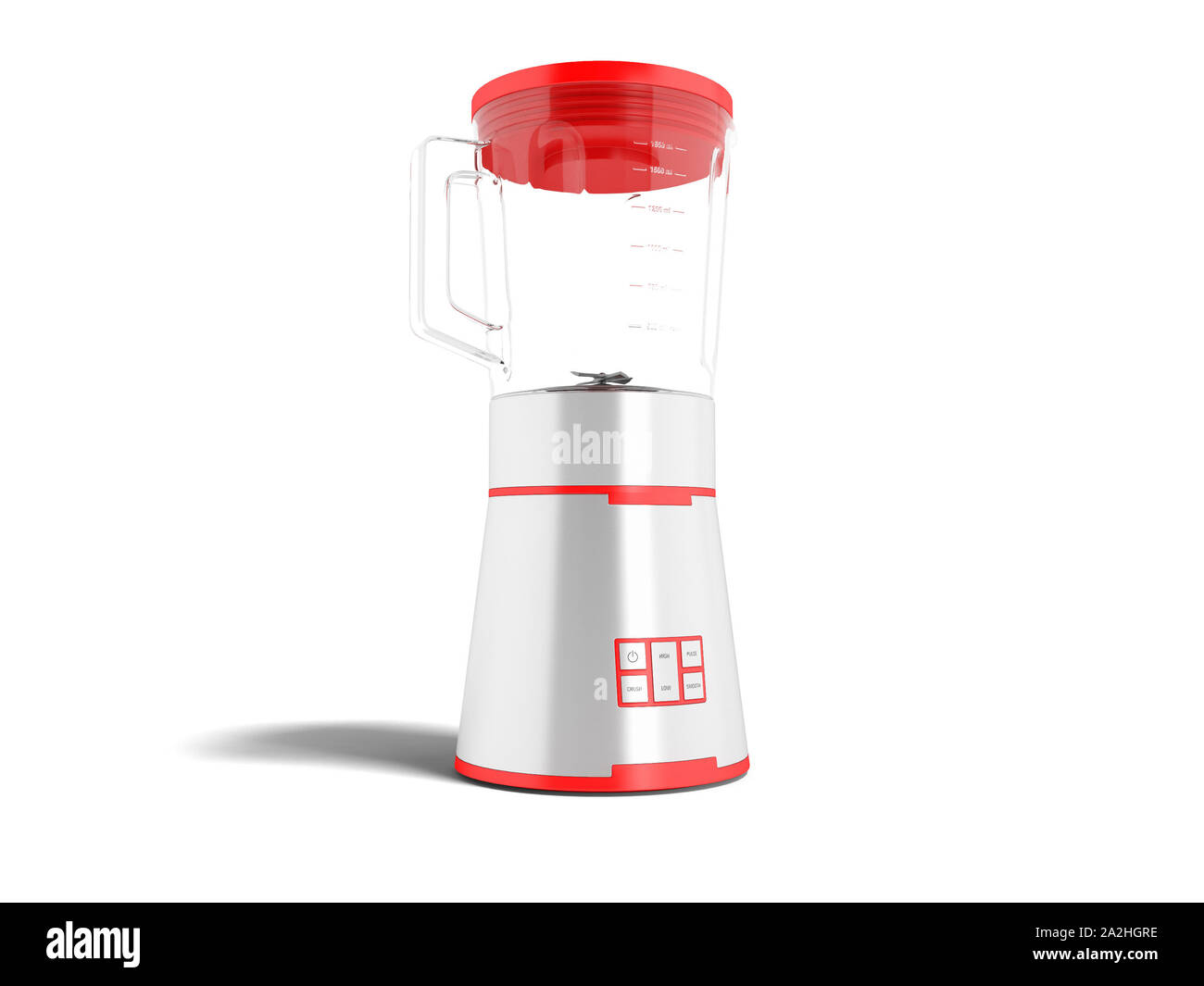 Modern red blender with glass bowl in metal case on the right 3d render ...