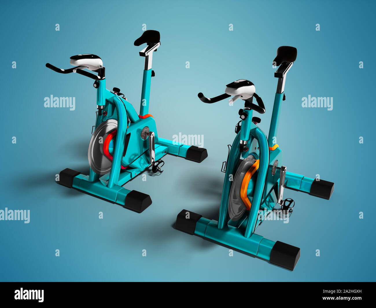 Modern turquoise two exercise bike perspective 3d render on blue ...