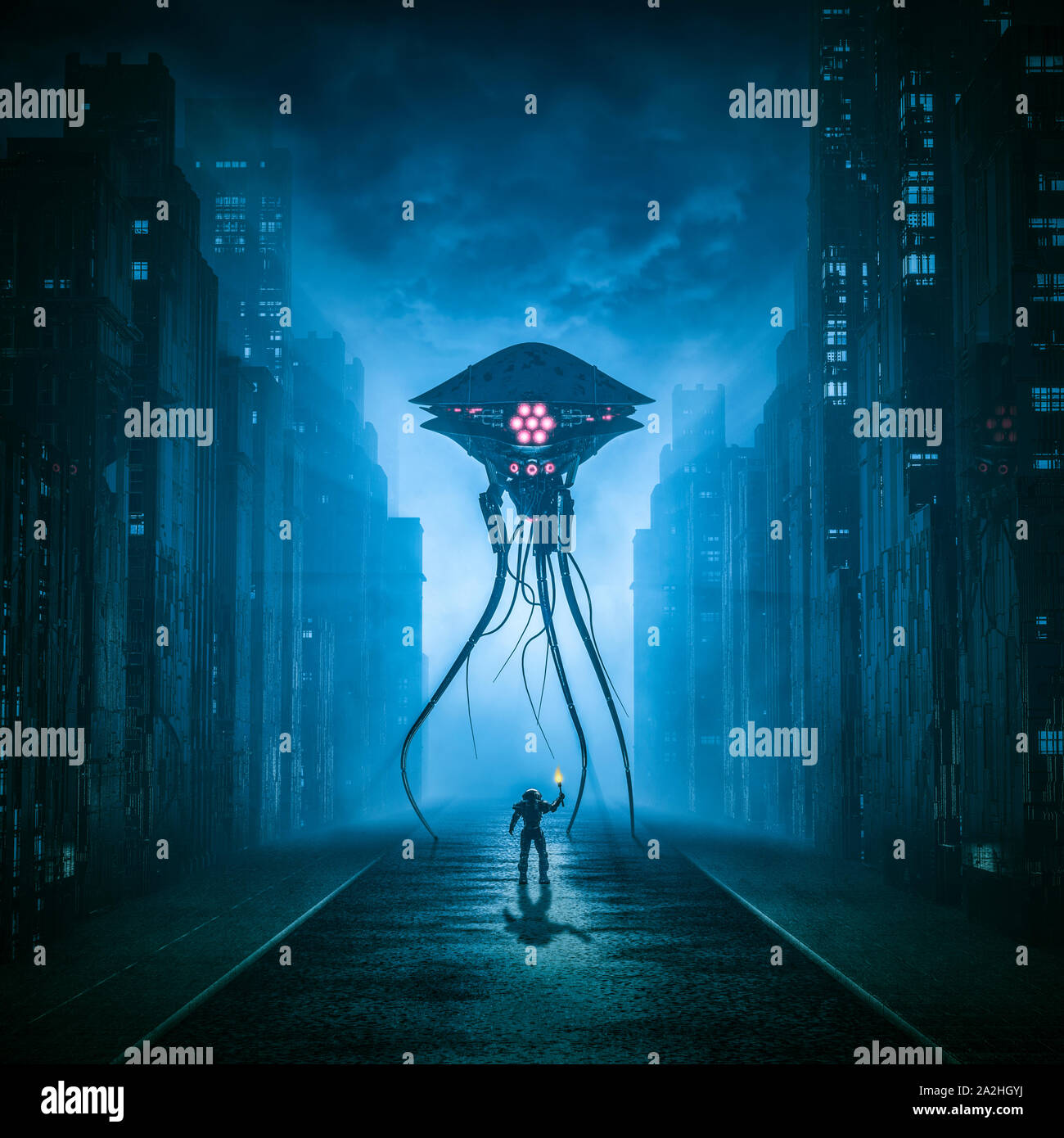 Alone against the invader / 3D illustration of retro science fiction ...