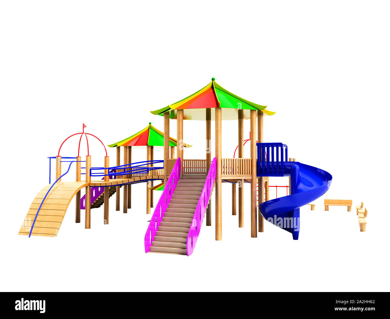 Modern complex wooden playground for children with slides and cable ...