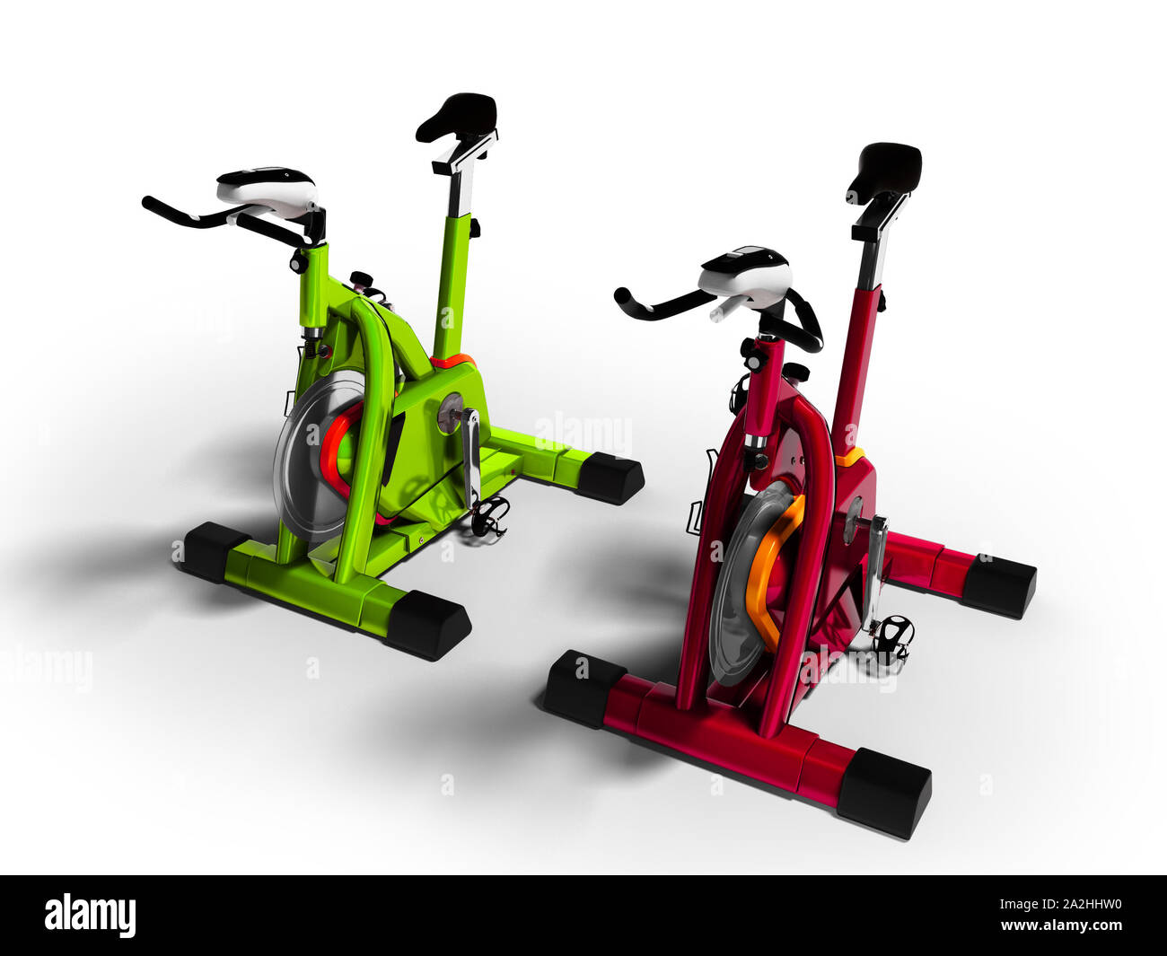 Modern green and red exercise bikes perspective 3d render on white ...