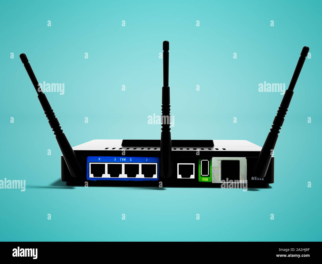 Modern black wifi router three antennas on three computers behind 3d ...