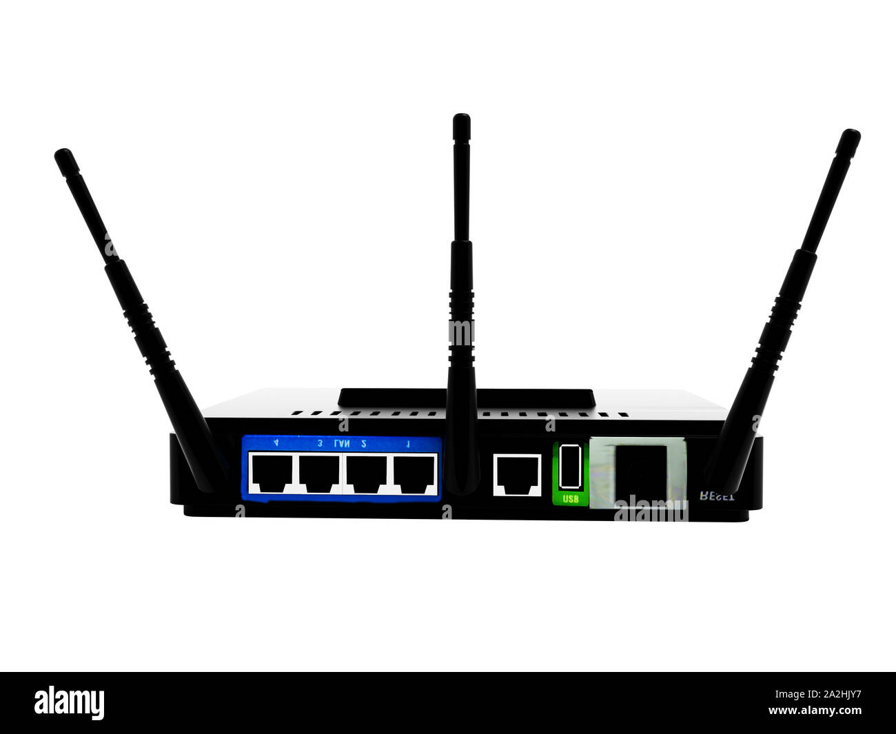 Modern black wifi router three antennas on three computers behind 3d ...