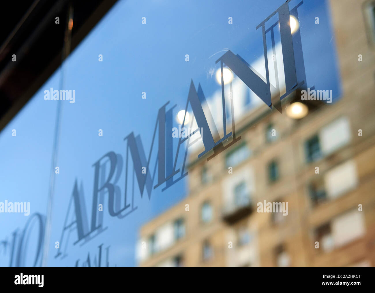 Milano, Italy, august 2019. Giorgio Armani sign logo written on a ...