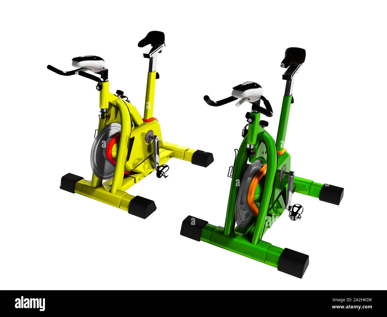 Modern yellow and green exercise bikes perspective 3d render on white ...