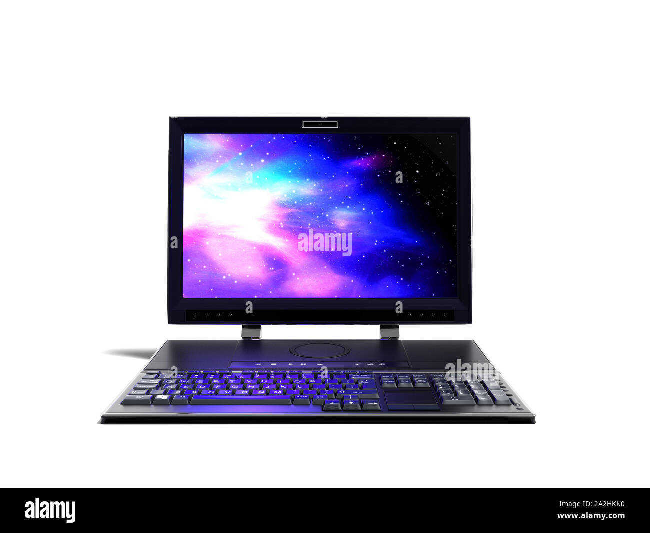 Desktop computer with monitor and keyboard in front 3d render on white ...