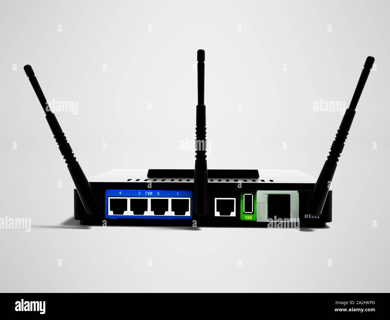 Modern black wifi router three antennas on three computers behind 3d ...