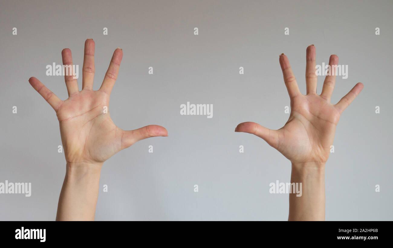 Hands and ten fingers of women raised up in the air on a white ...