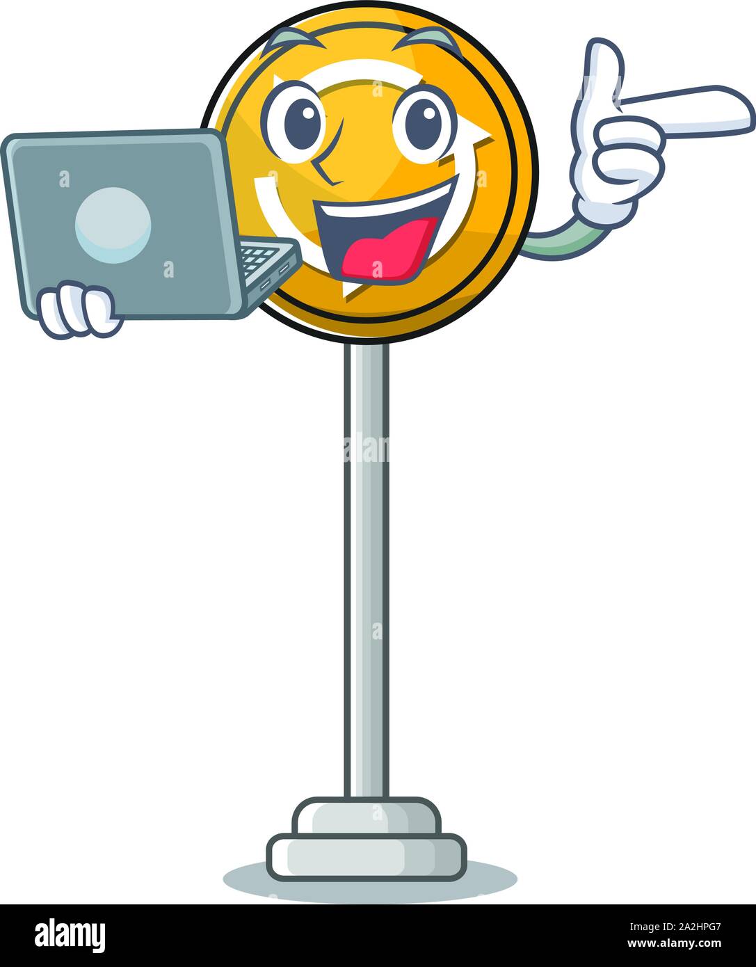 With laptop roundabout ahead on the roadside character Stock Vector ...