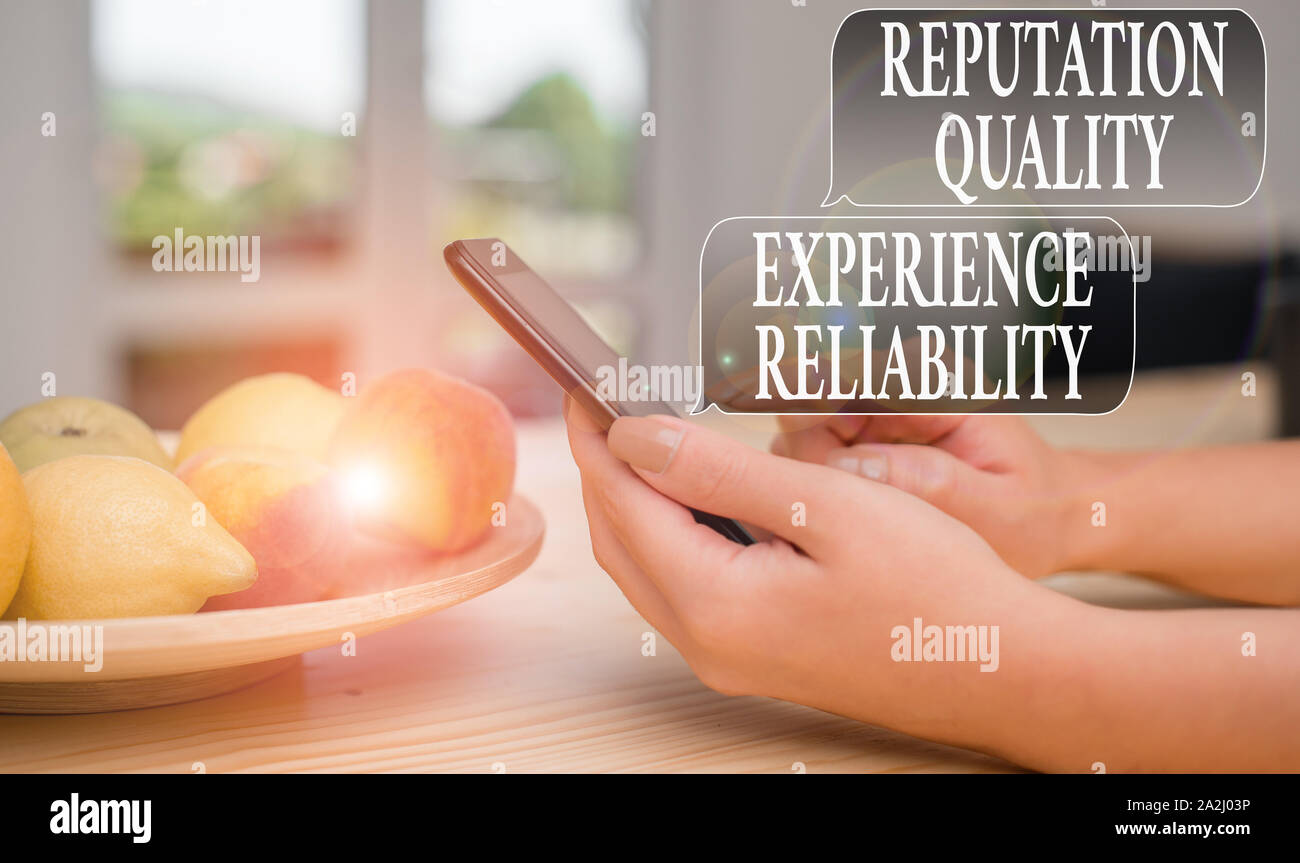 Text sign showing Reputation Quality Experience Reliability. Business ...