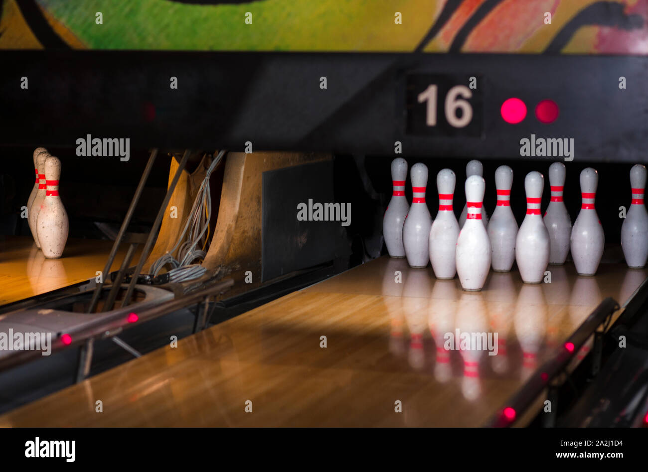 Close up of alley at bowling club. pin bowling alley background ...