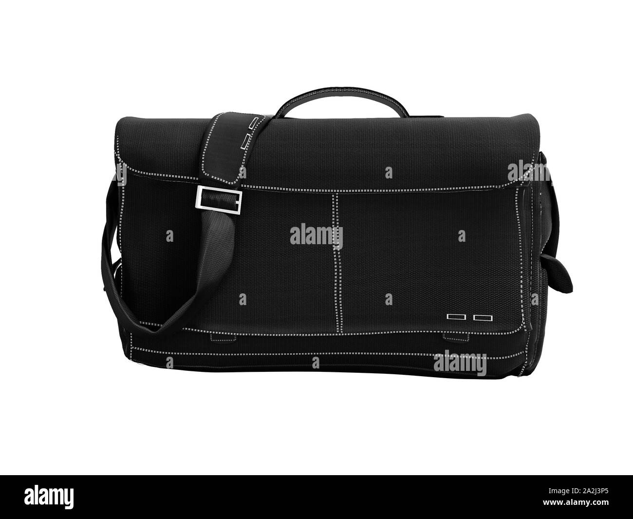 Modern black laptop bag over the shoulder 3D render on white background ...