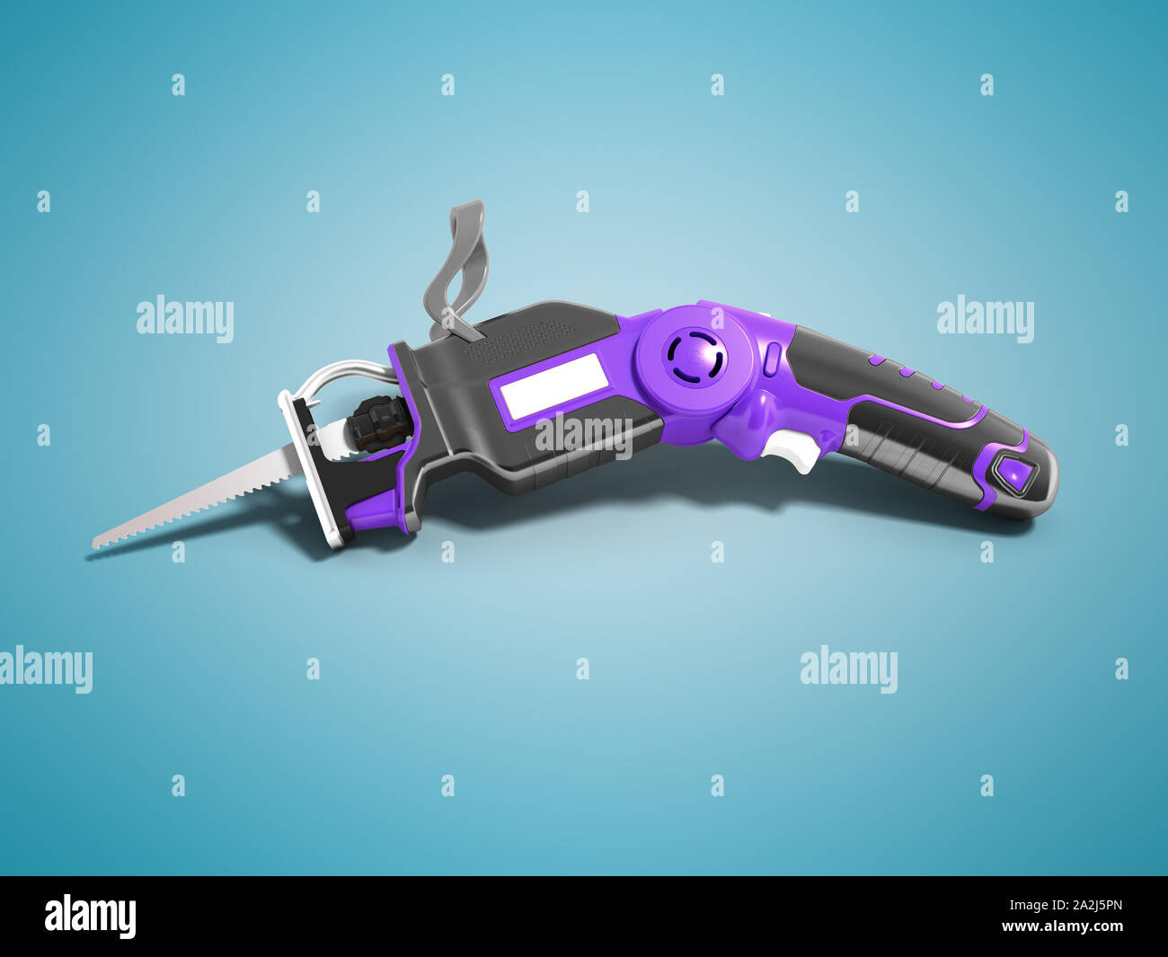 Modern purple hacksaw on battery for garden works in summer 3d render ...