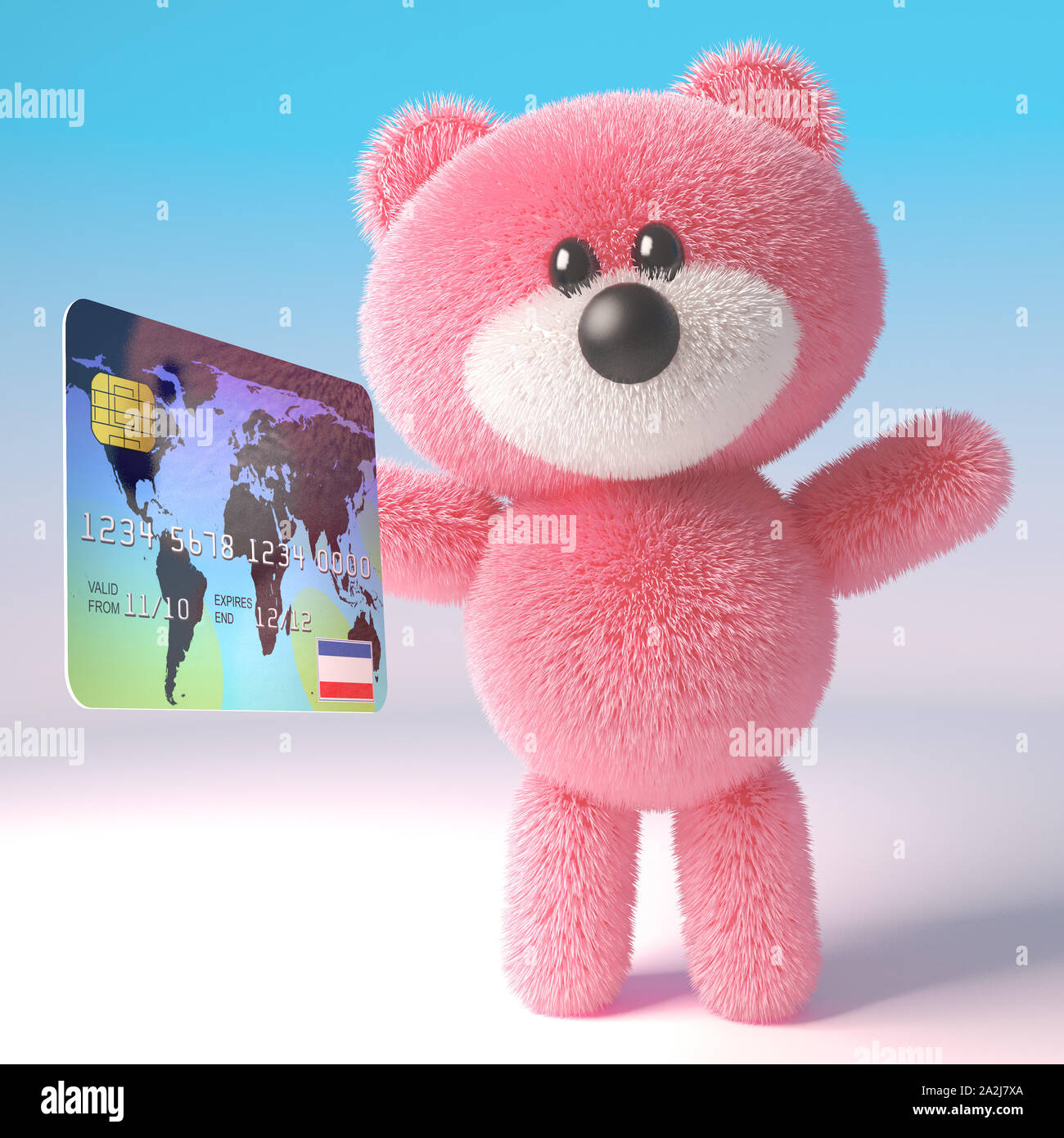 Cute pink fluffy 3d teddy bear soft toy character holding a credit ...