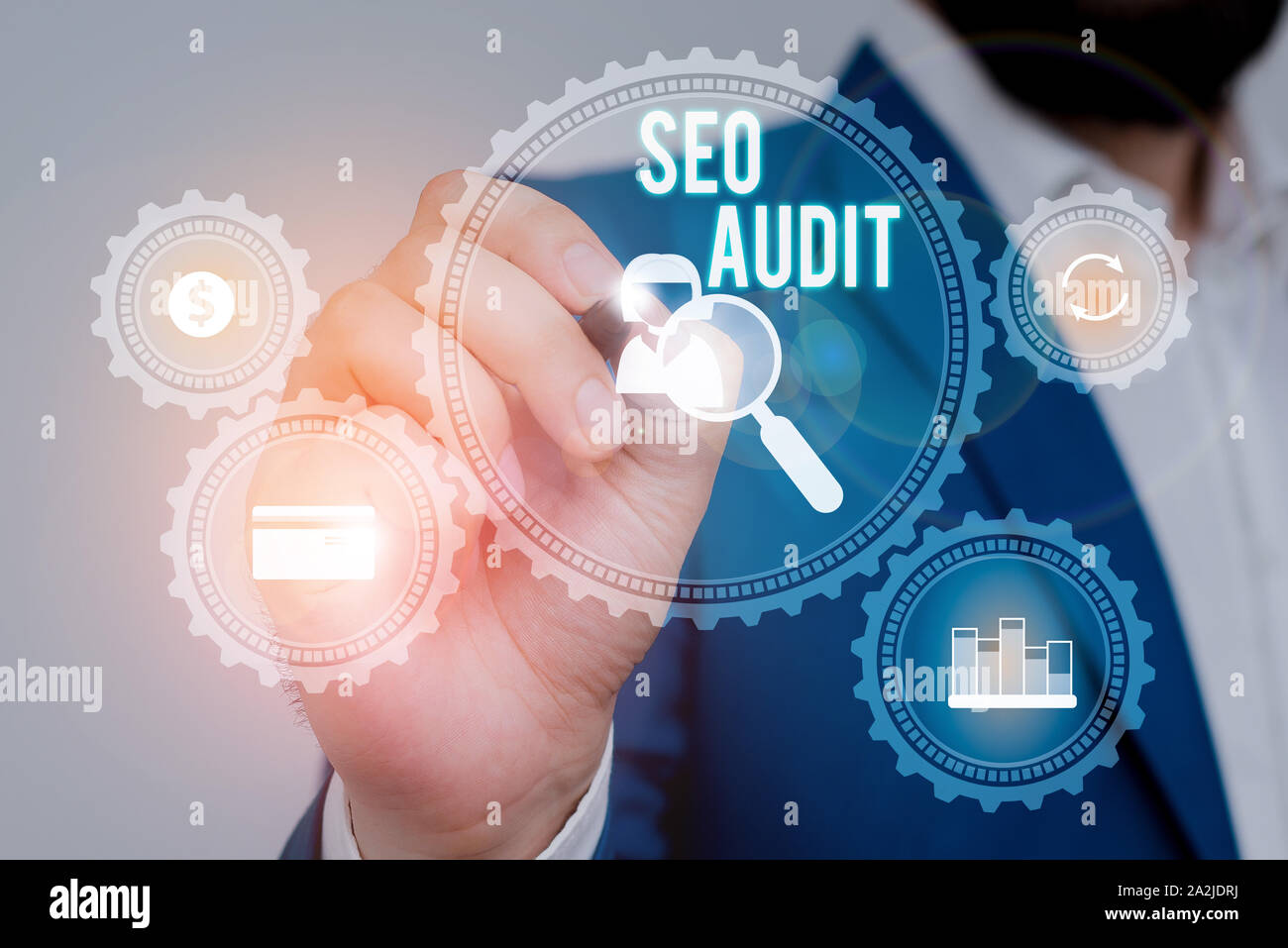 Text sign showing Seo Audit. Business photo showcasing Search Engine Optimization validating and ...