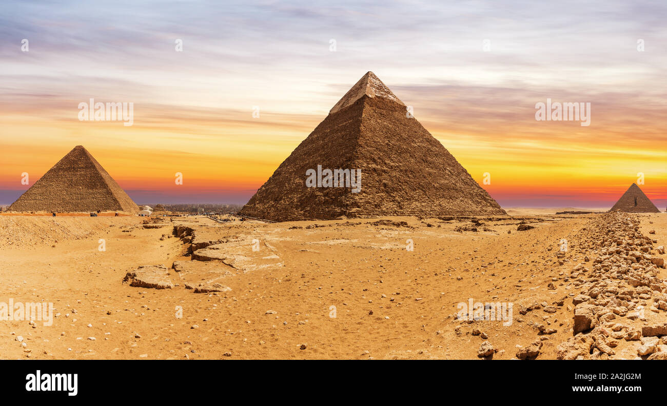The Great Pyramids and the sunset in Giza, Cairo, Egypt Stock Photo - Alamy