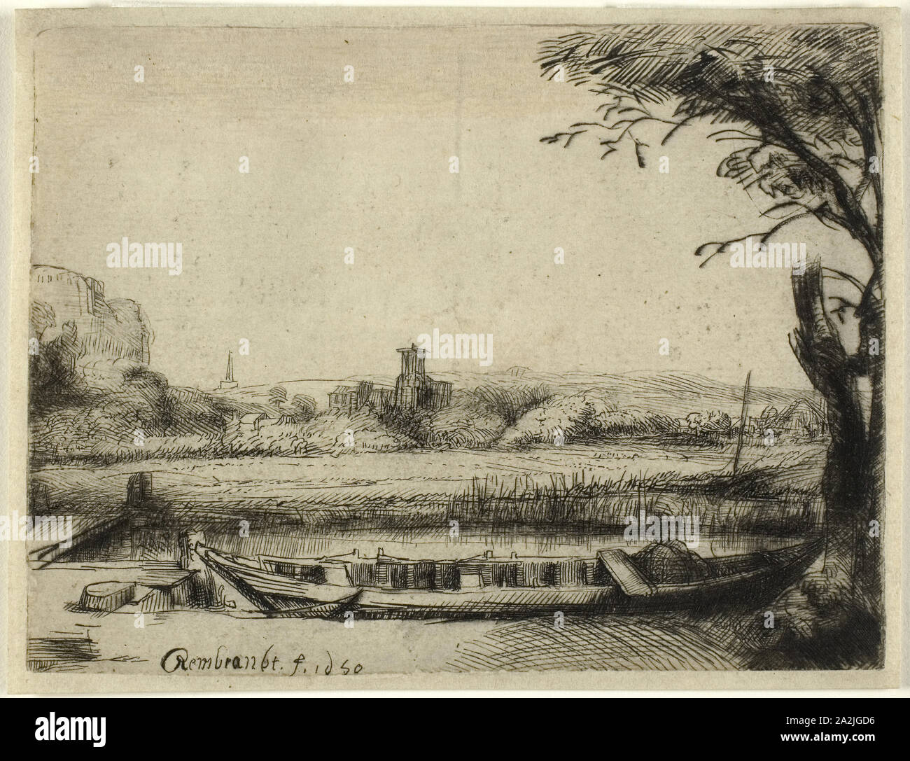 Canal with a Large Boat and a Bridge, 1650, Rembrandt van Rijn, Dutch ...