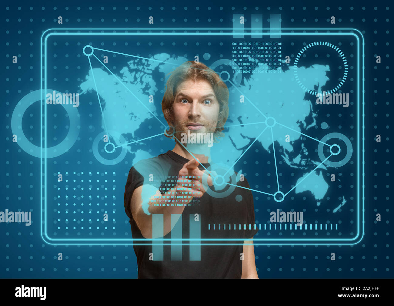 Modern technologies. Young caucasian man's touching virtual reality in ...