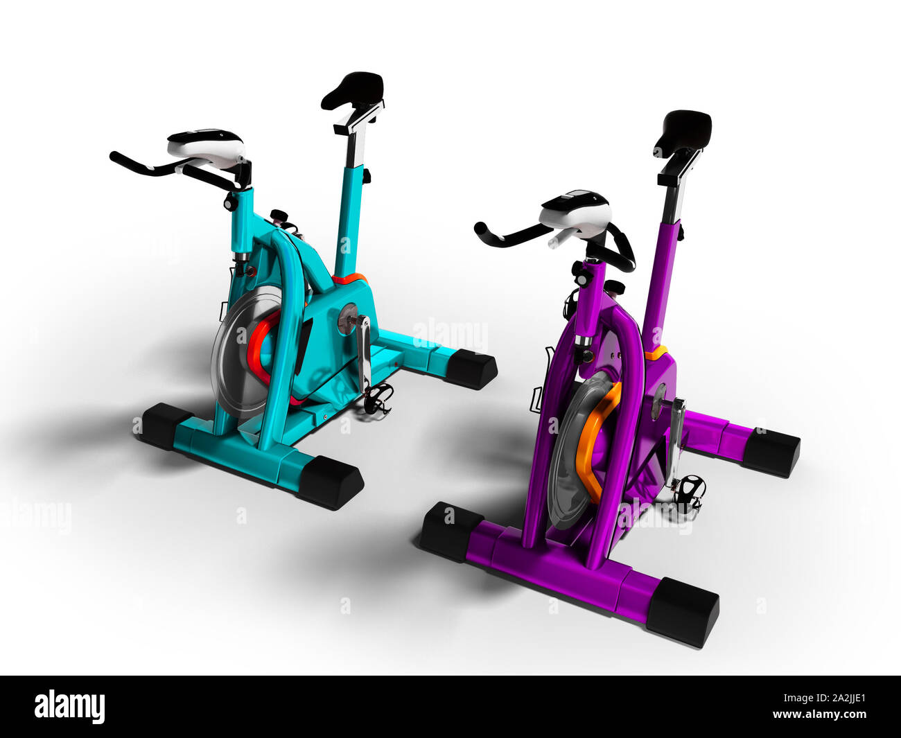 Modern turquoise and purple exercise bikes perspective 3d render on ...