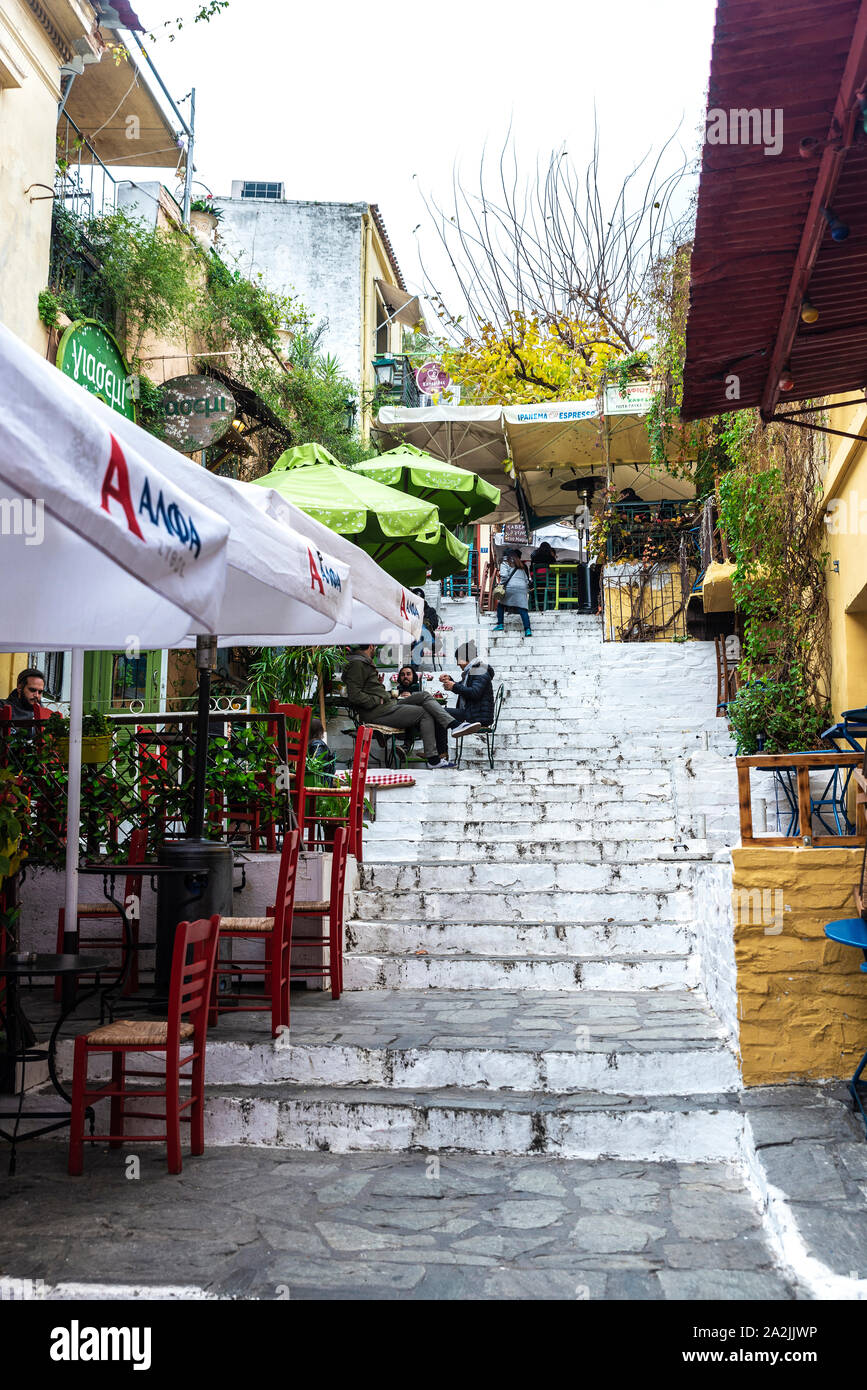 Athens, Greece - December 31, 2018: Chairs and tables of a bar on the ...