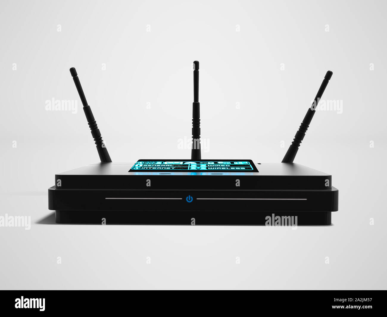 Modern black wi fi router on three antennas in front 3d render on gray ...