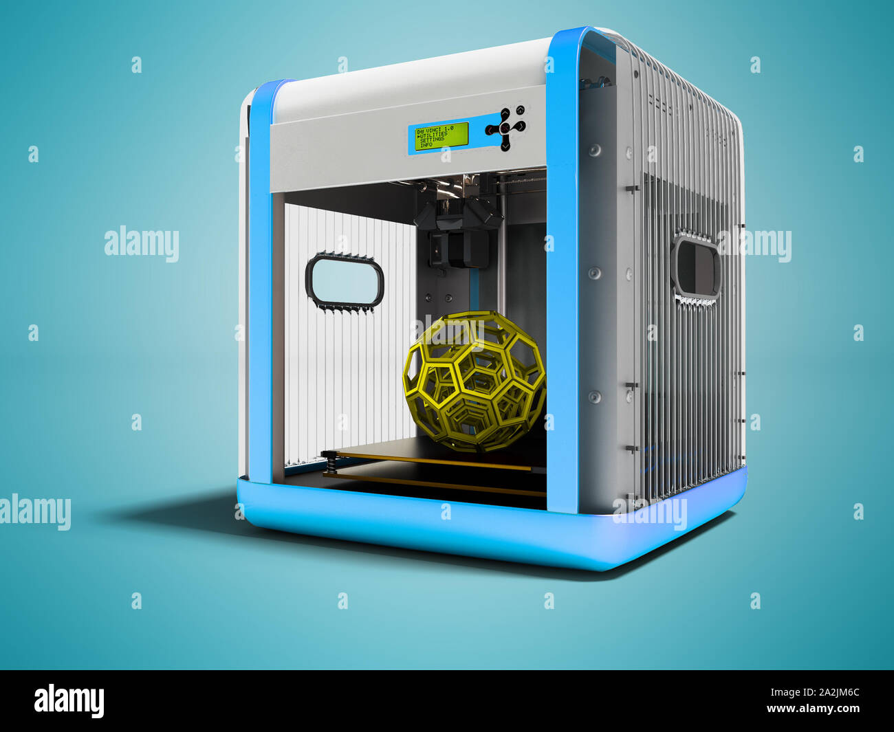 Modern blue 3d printer with yellow geometric figure inside for home use ...