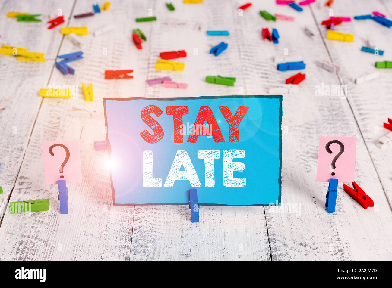 Word writing text Stay Late. Business photo showcasing A routine in ...