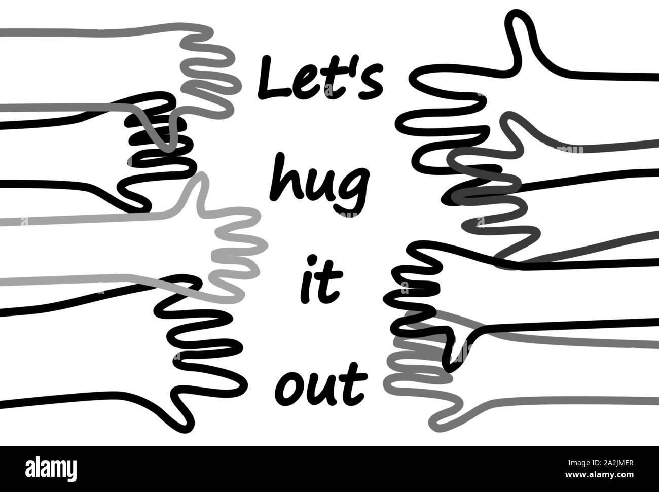 Hug doodles lines hands horizontal poster with positive sign. Grayscale ...