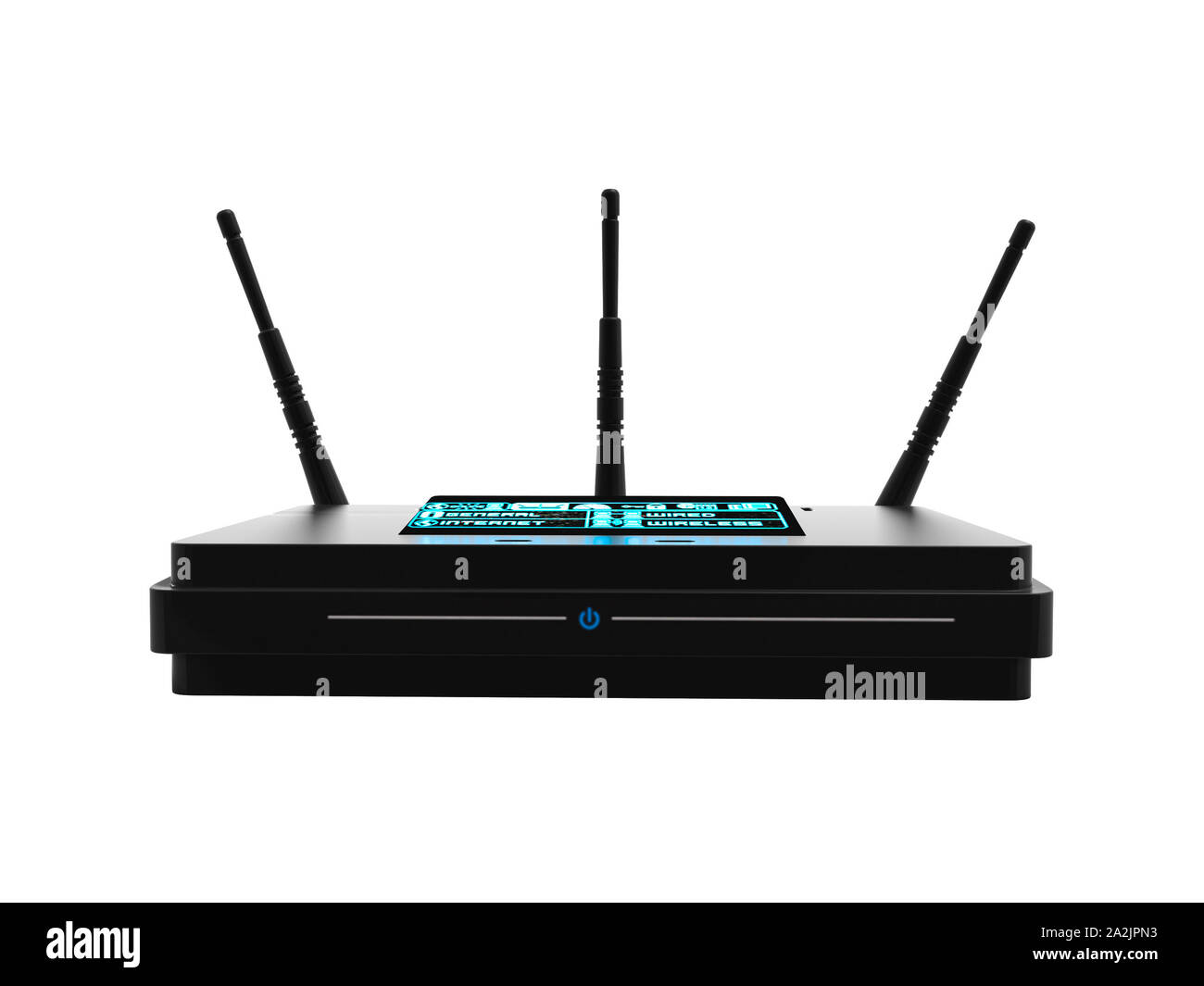 Modern black wi fi router on three antennas in front 3d render on white ...