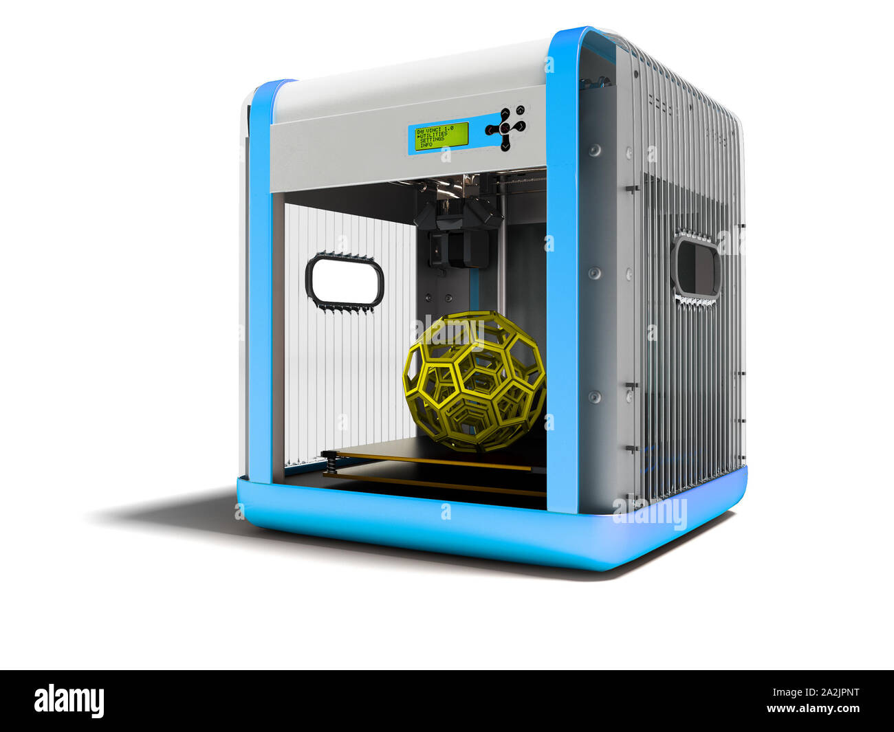Modern blue 3d printer with yellow geometric figure inside for home use ...