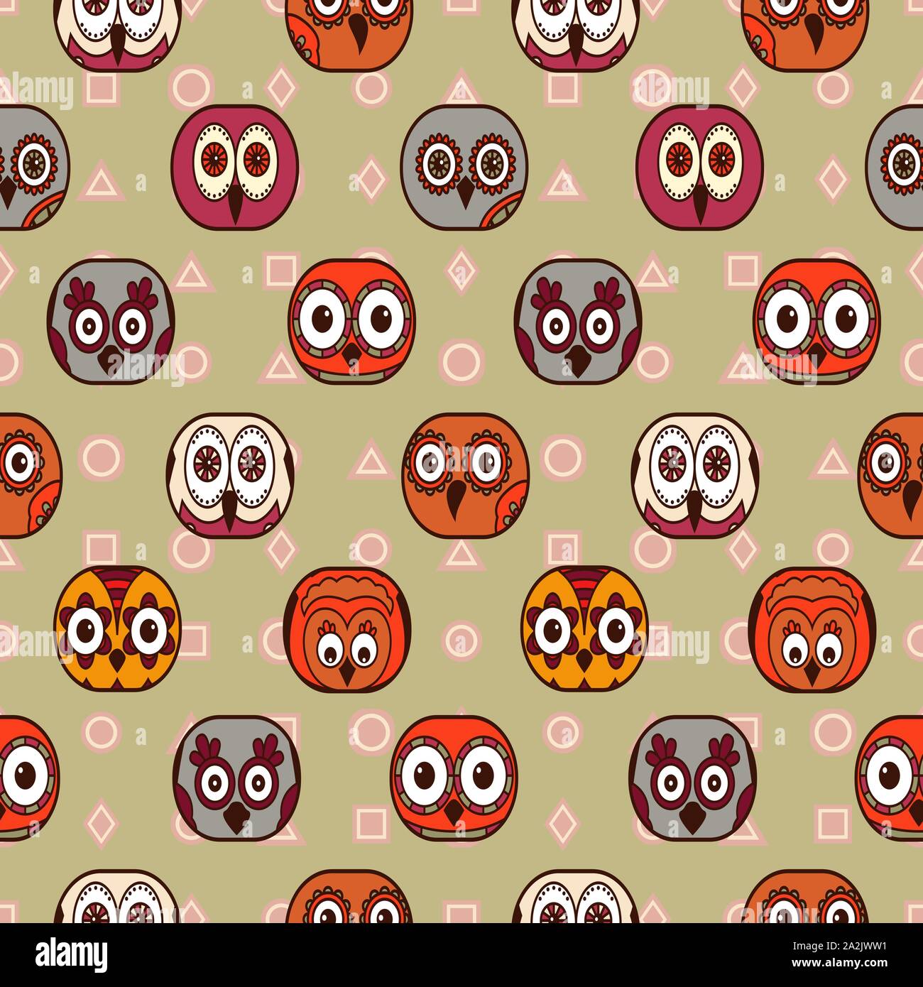 Seamless texture with colorful cartoon funny owls in oval shapes for ...