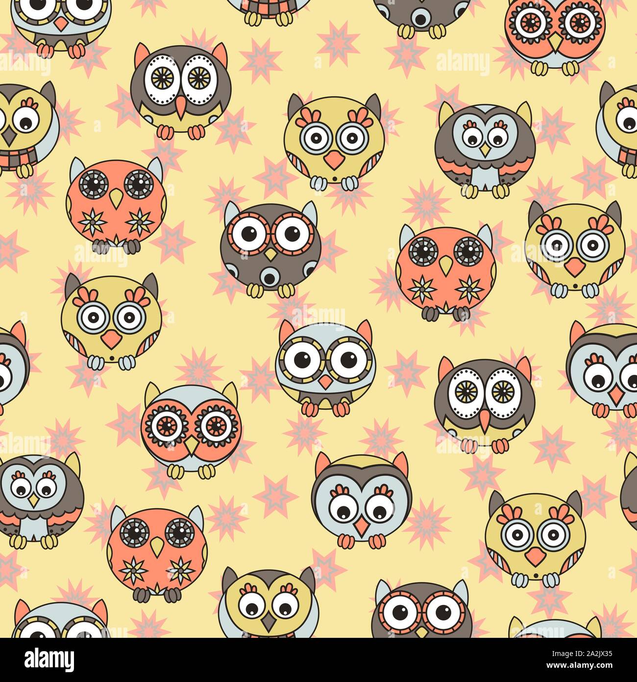 Seamless texture with cartoon funny owls in muted hues for baby ...