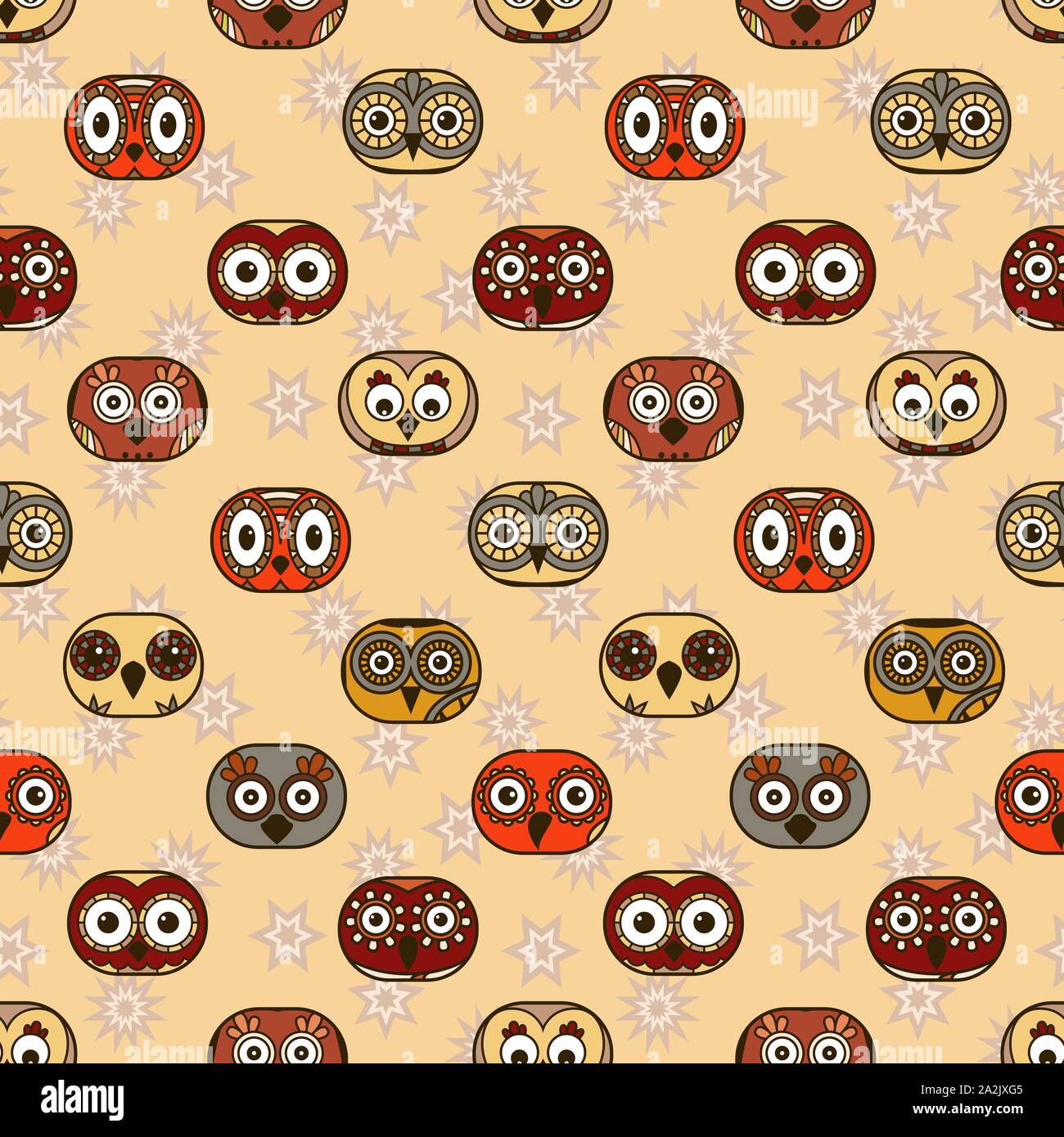 Seamless texture with colorful cartoon funny various owls in oval ...