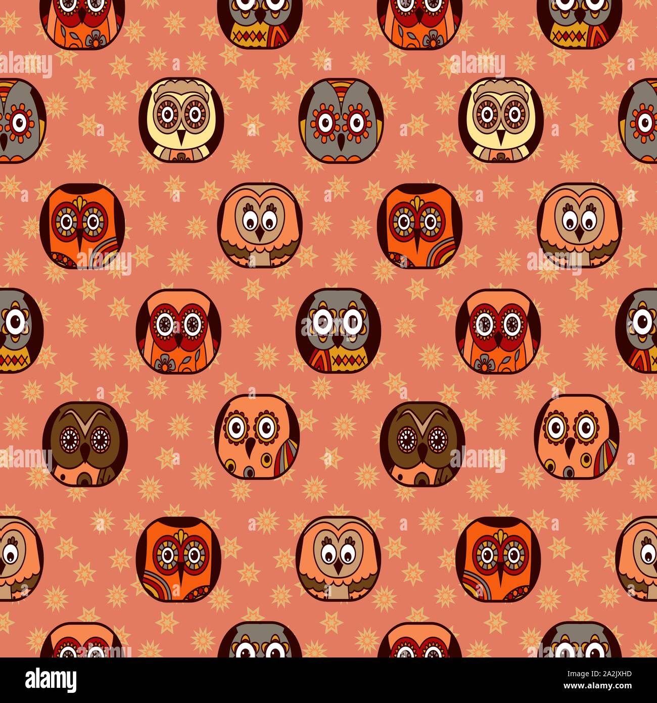 Seamless texture with various cartoon owls in oval shapes for children ...