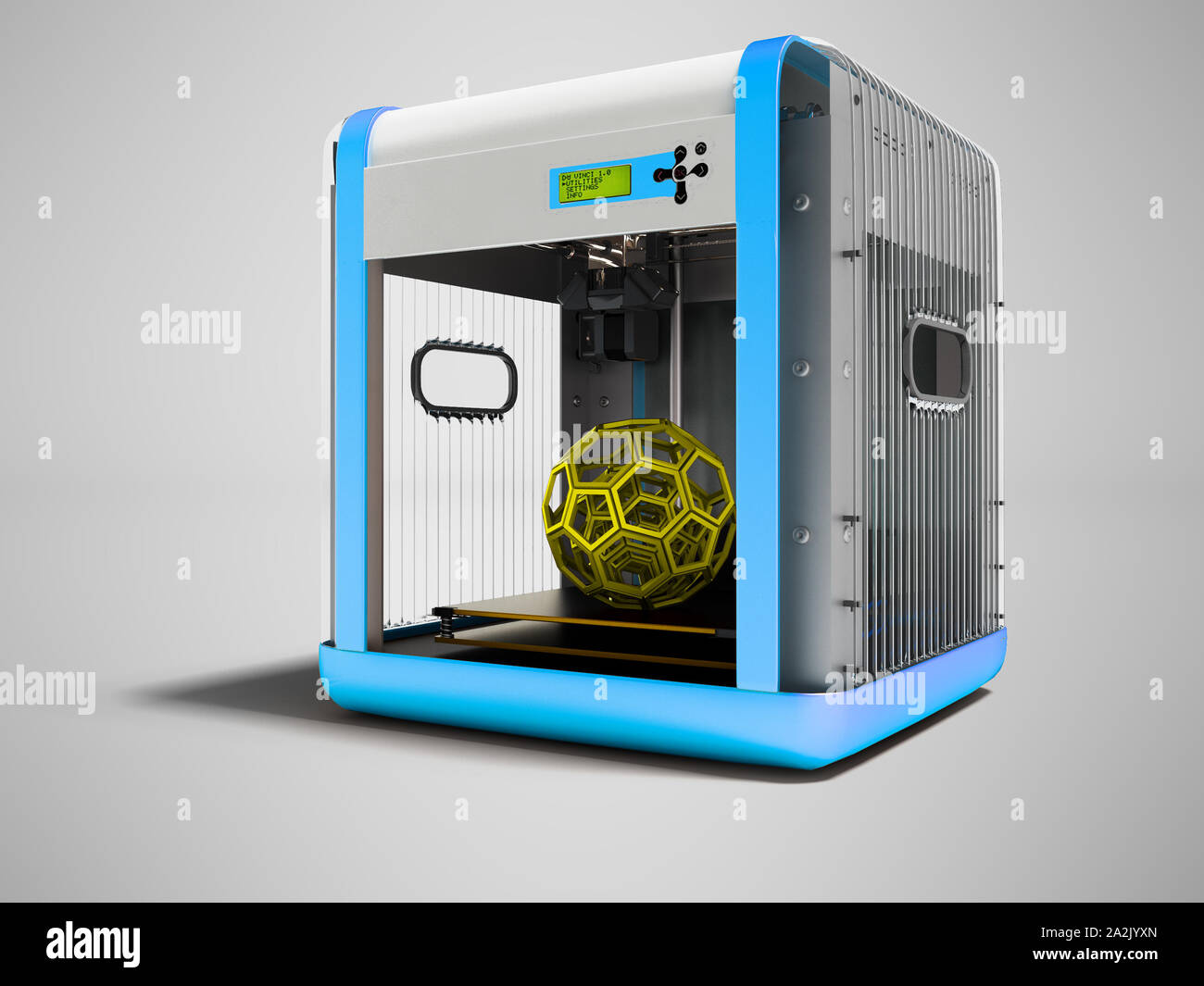 Modern blue 3d printer with yellow geometric figure inside for home use ...