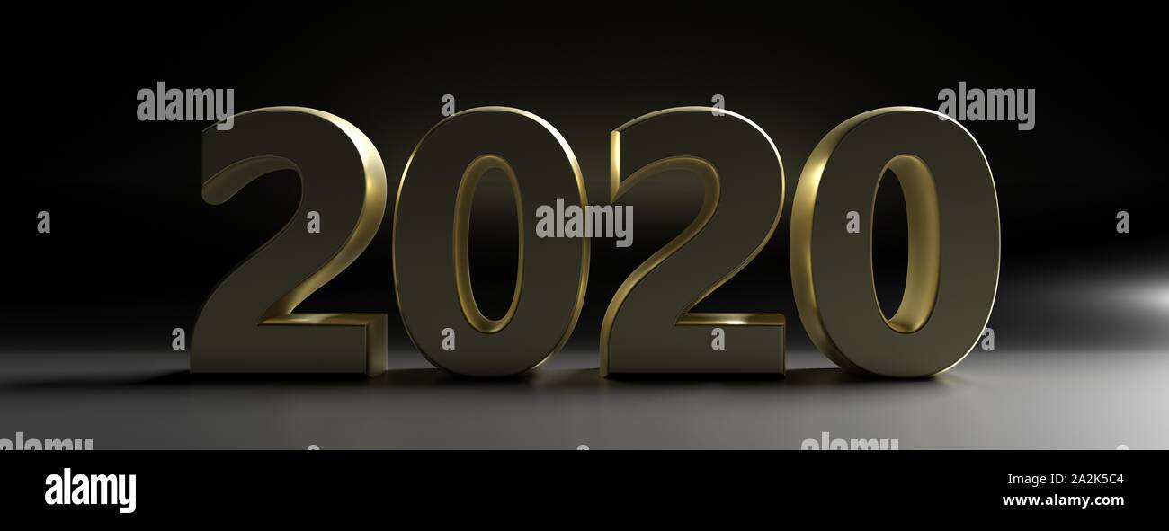 2020 New year. Shiny gold sign, number 2020 on black background, banner ...