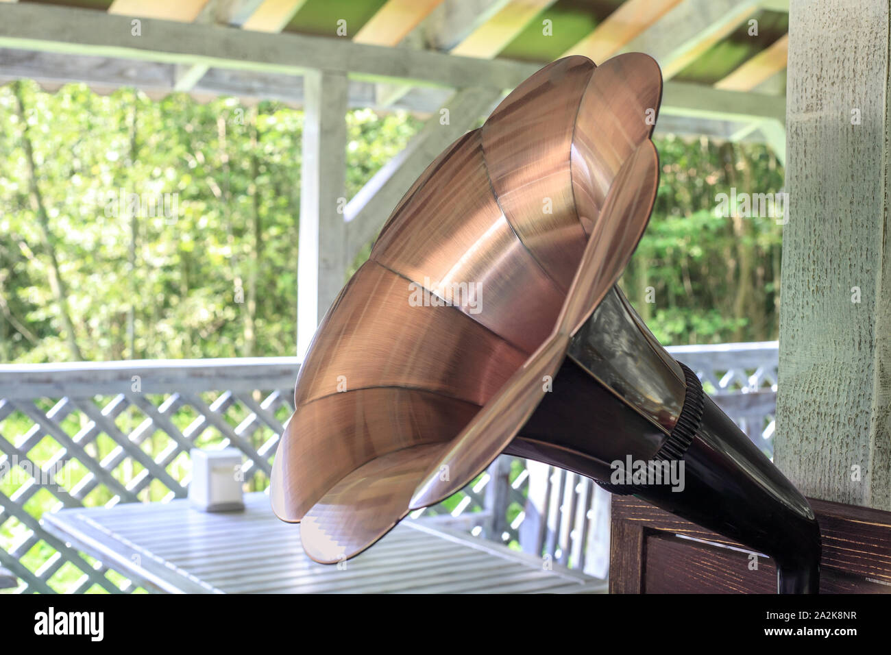 Phonograph with brass horn speaker. Retro style gramophone record ...