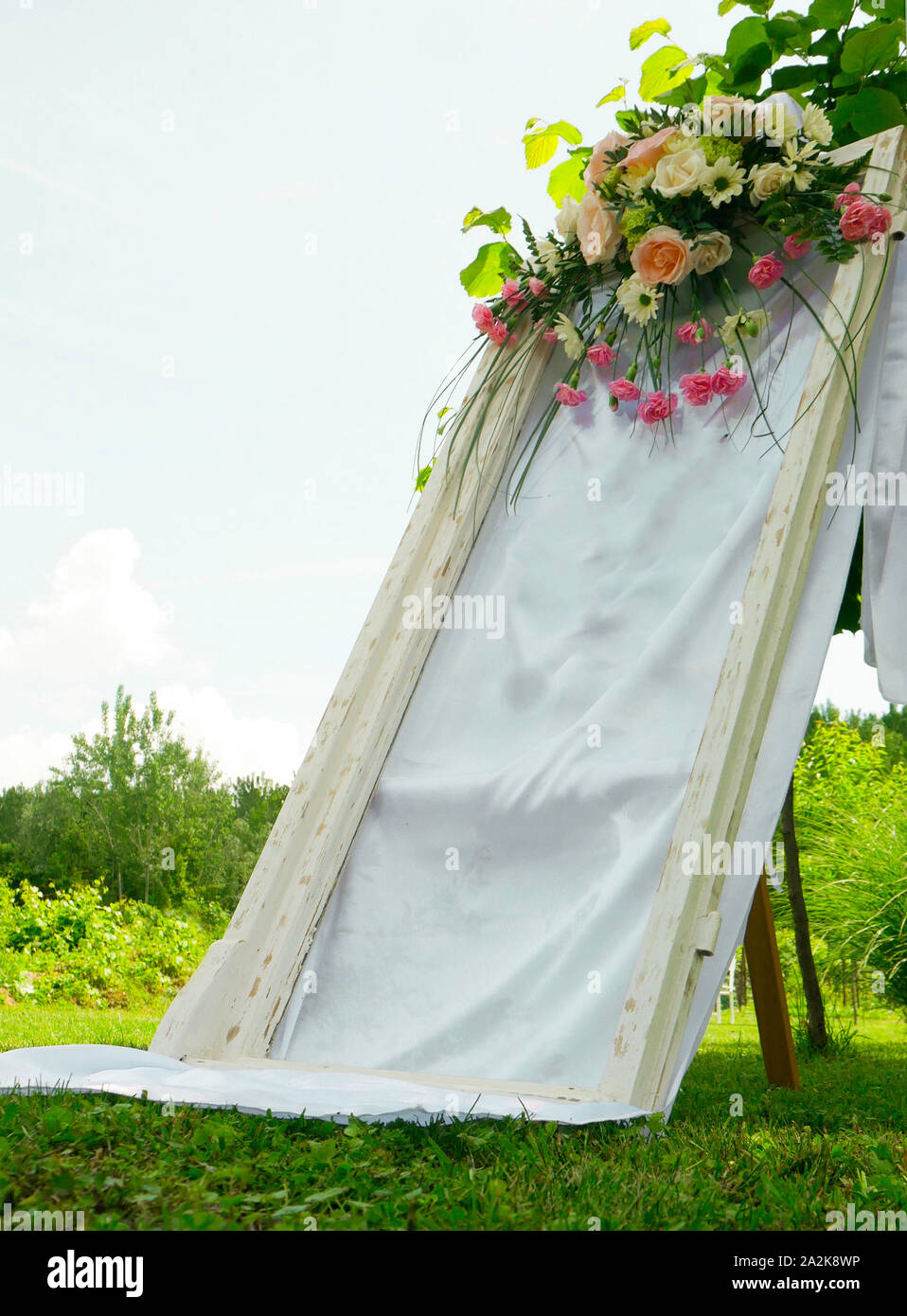 Welcome board -Vintage white wooden window in green nature Stock Photo ...