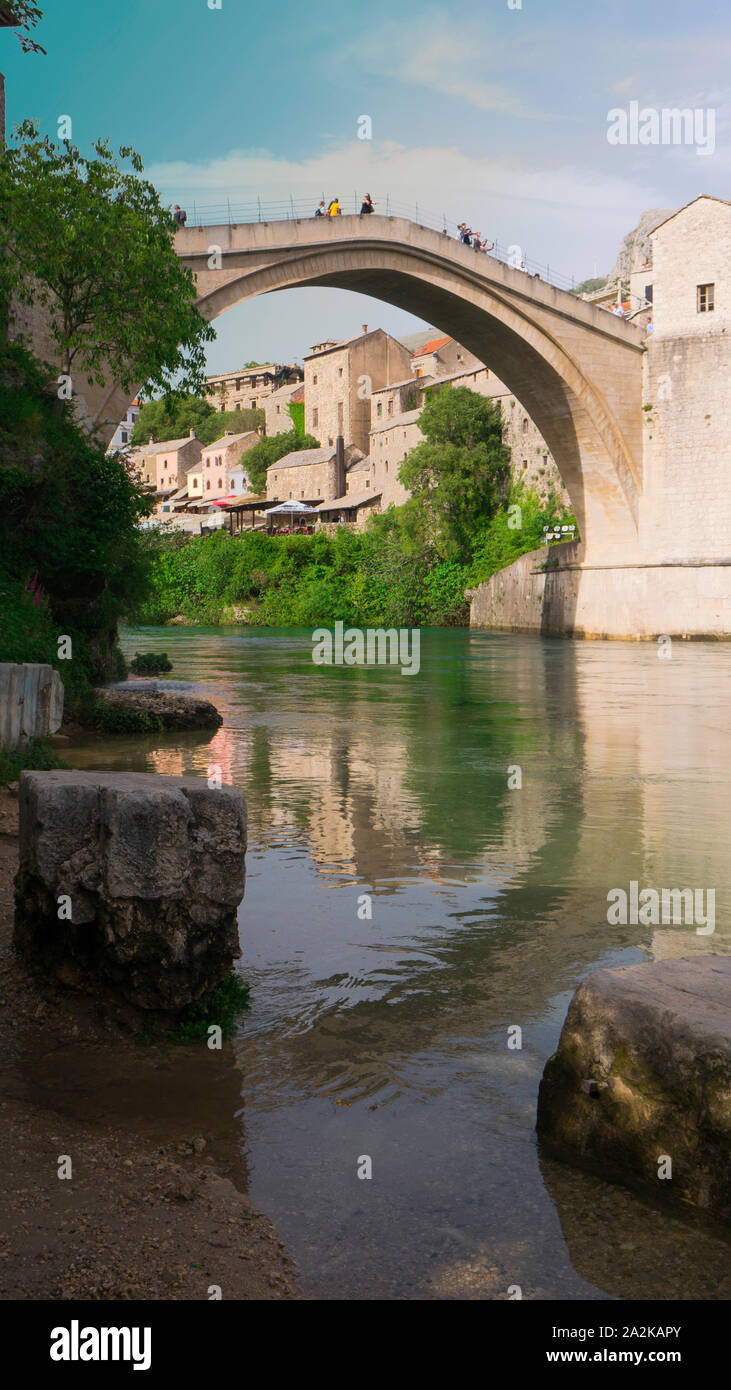 Stari Most bridge and its reflection in river Neretva - Old town of ...