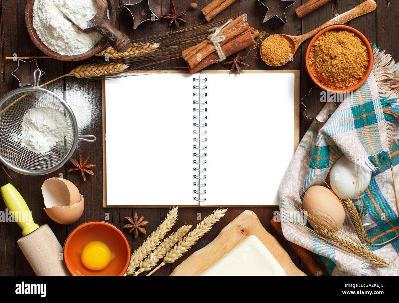 Blank cooking book, ingredients and utensils top view Stock Photo - Alamy