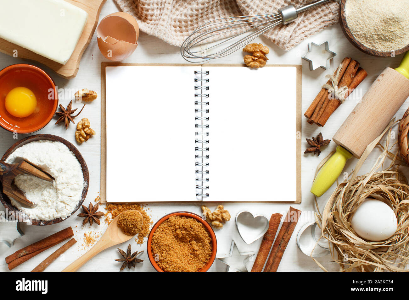 Blank cooking book, ingredients and utensils for baking top view Stock ...