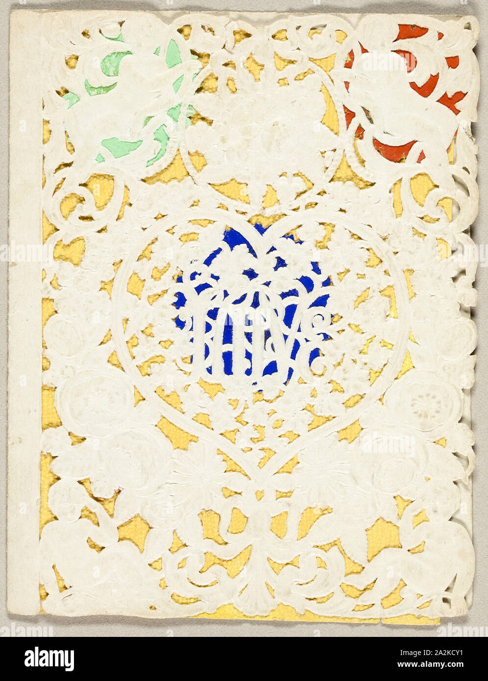 Collaged elements under cut and embossed designed ivory wove paper hi ...