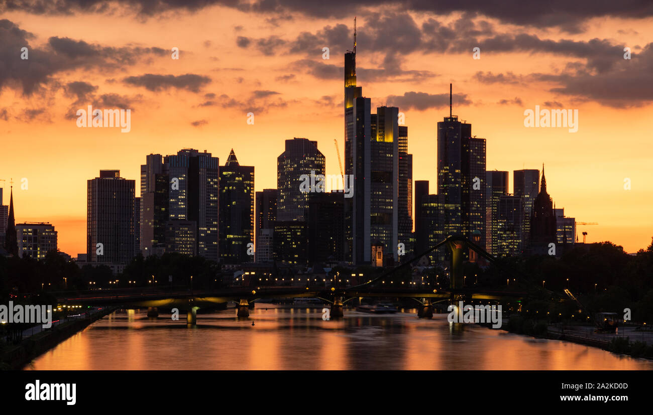 Summer evening sunset view on the city centre skyline of Frankfurt, the ...