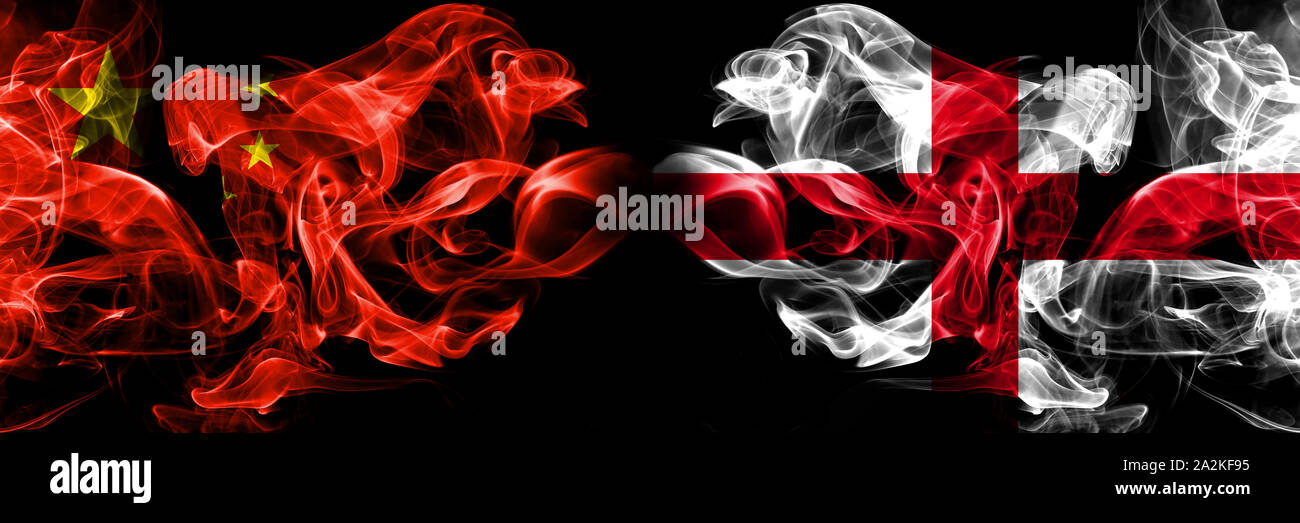 China vs England, English smoke flags placed side by side. Thick ...