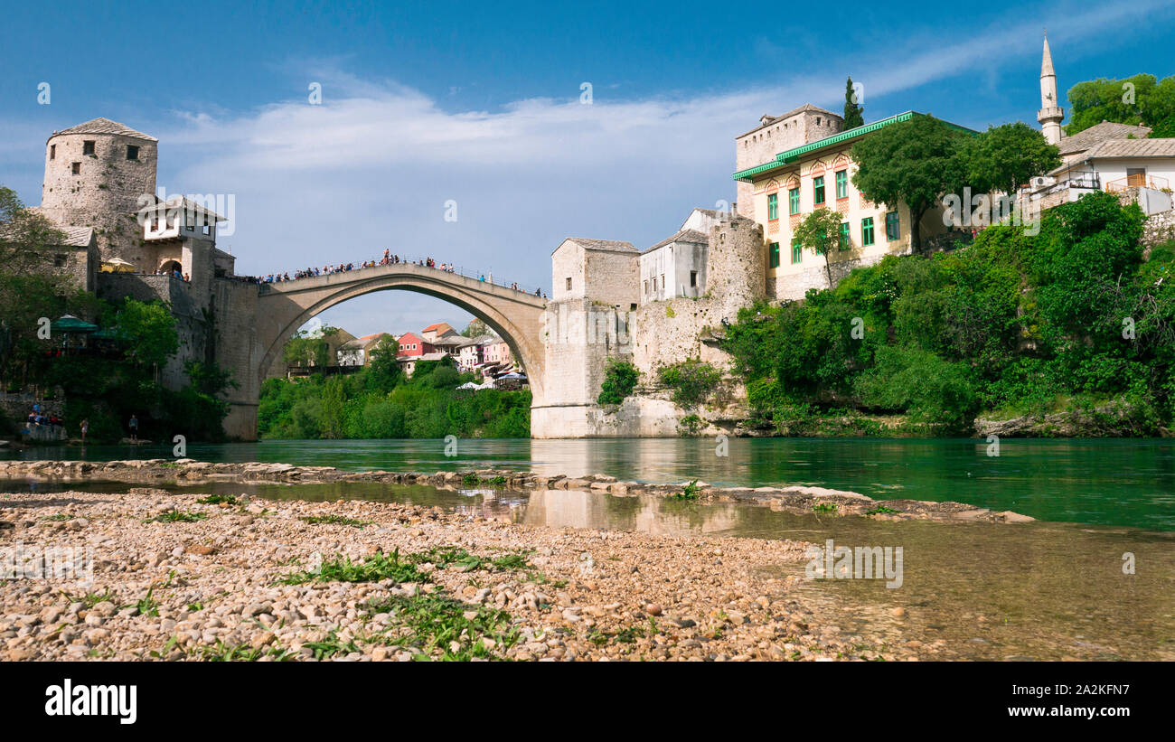Panorama of The Old Bridge in Mostar in a beautiful spring day - April ...