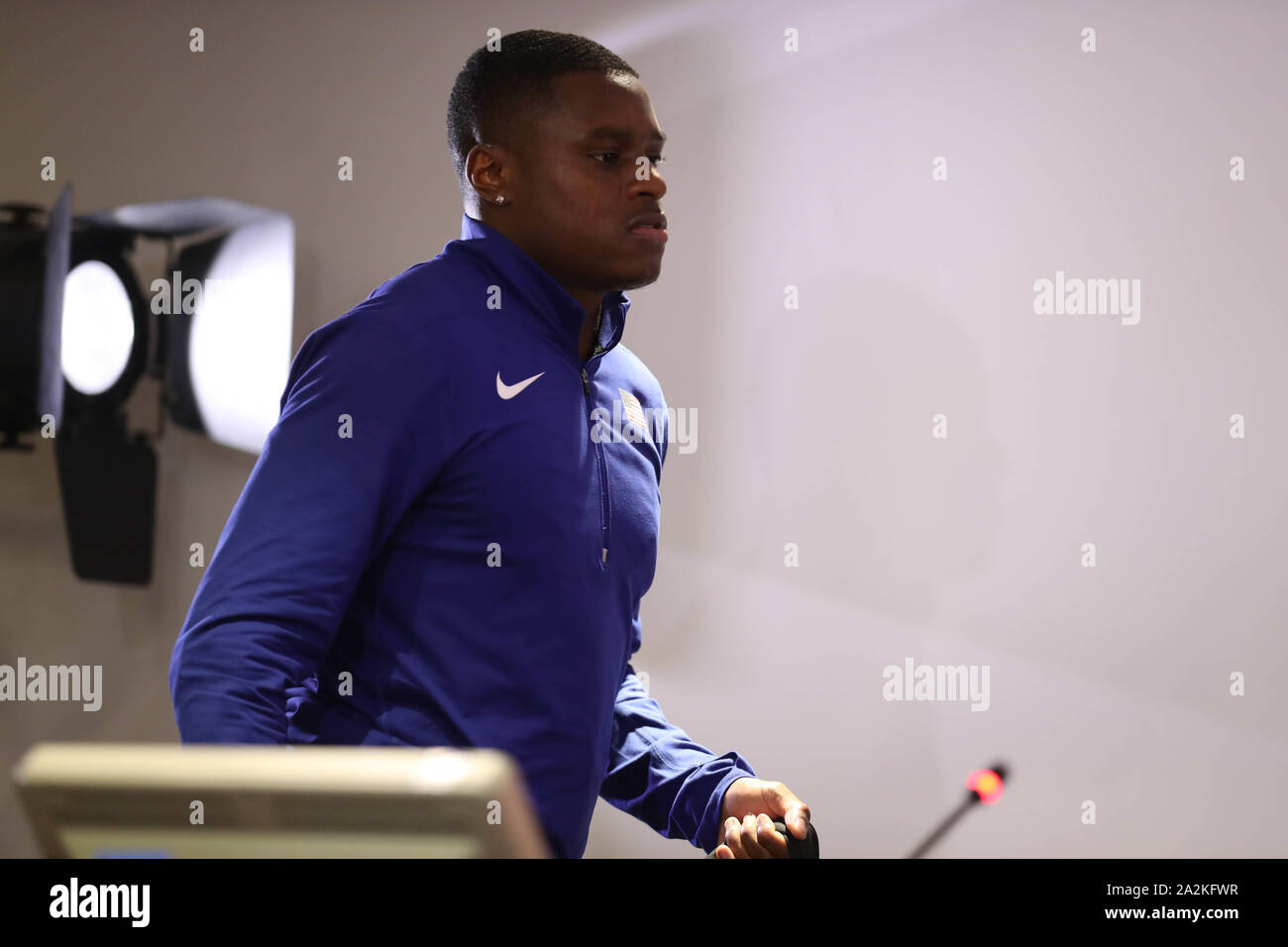 Christian Coleman enters the after race press conference of the 100m at ...