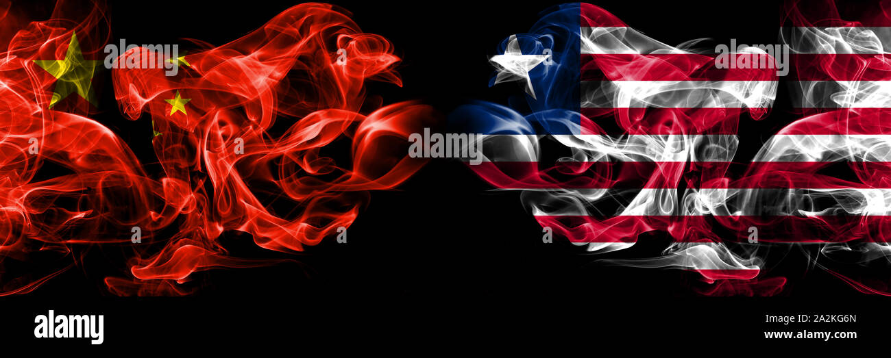China vs Liberia, Liberian smoke flags placed side by side. Thick ...