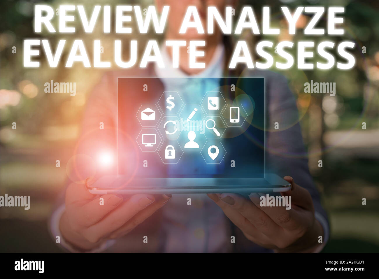 Writing note showing Review Analyze Evaluate Assess. Business concept ...