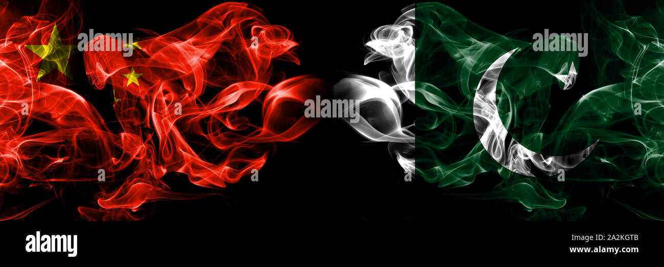 China vs Pakistan, Pakistani smoke flags placed side by side. Thick ...