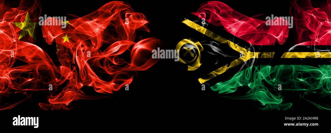China vs Vanuatu smoke flags placed side by side. Thick colored silky ...